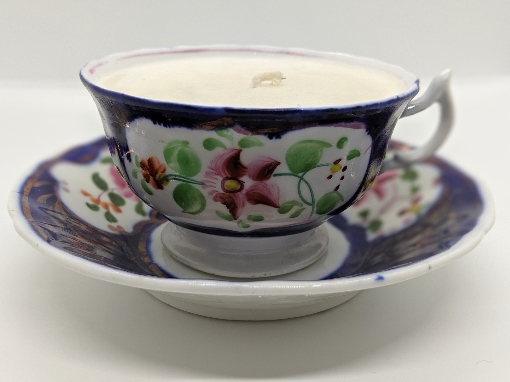 Gaudy Welsh 'columbine' teacup and saucer c 1835